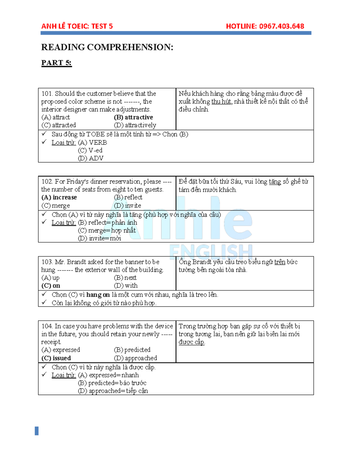 TOEIC Test 5 - Reading Comprehension Questions and Answers - Studocu