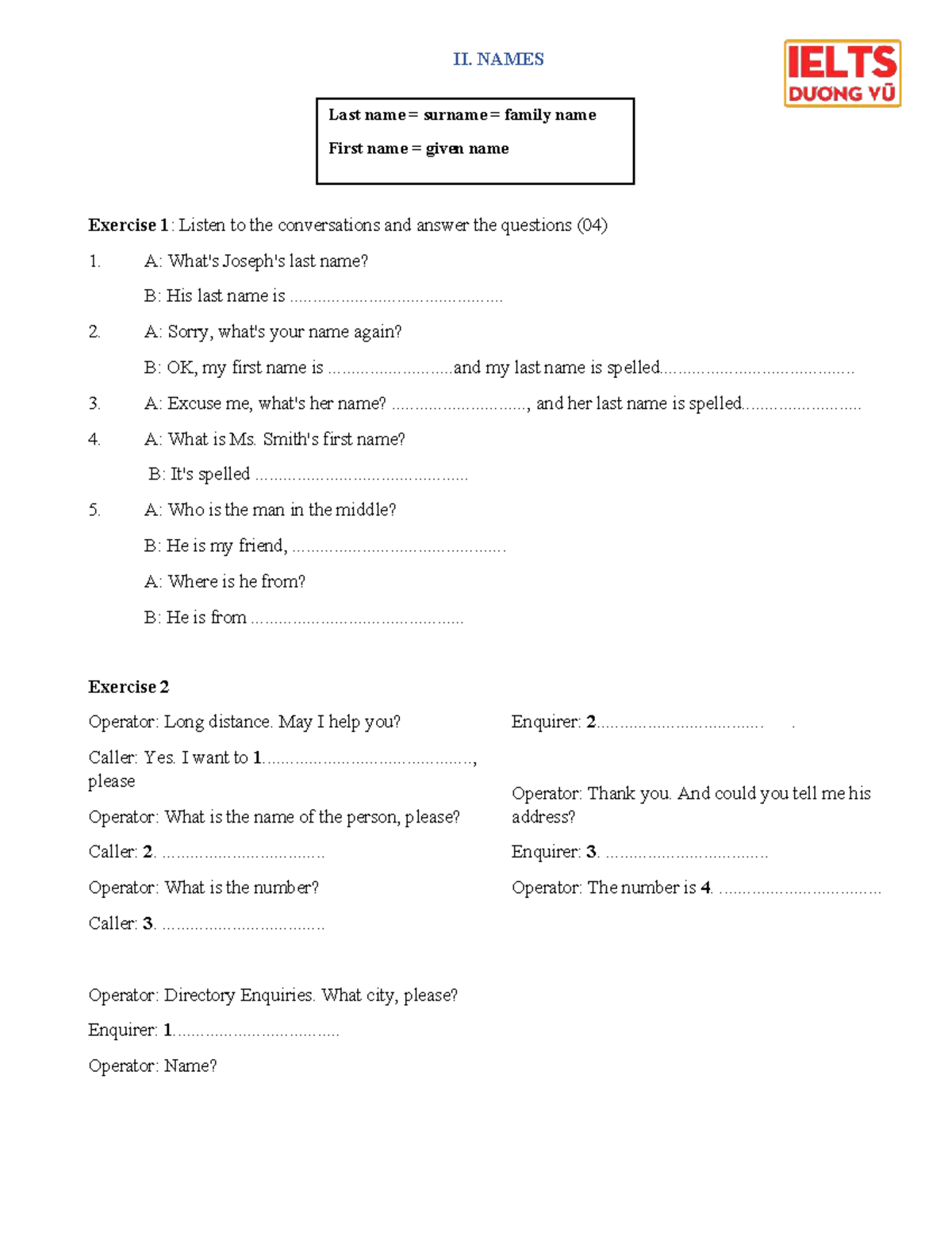 Listening Exercise on Names - II. NAMES (Course Code: Anh) - Studocu