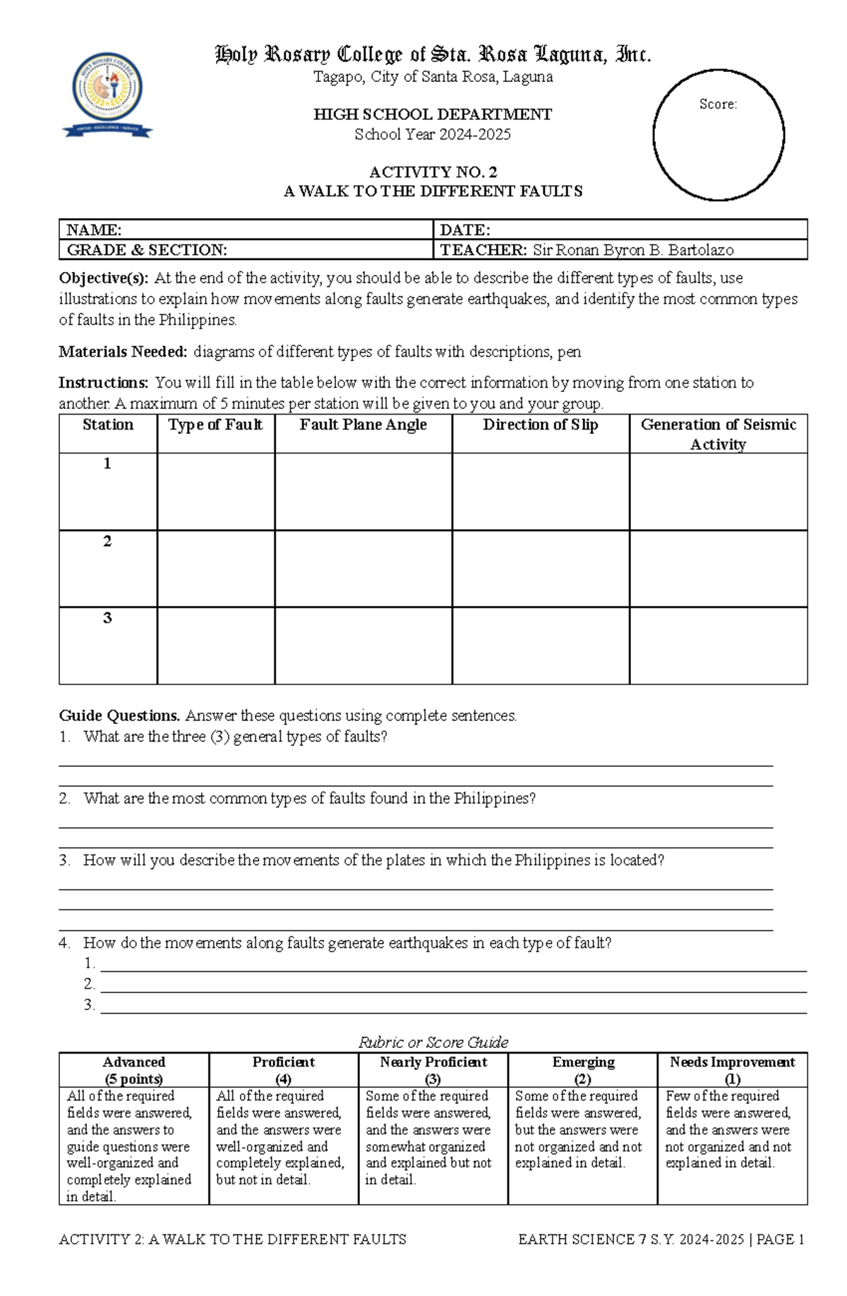 Activity 2 - Exploring Different Faults in Earth Science 7 S. 2024-2025 ...