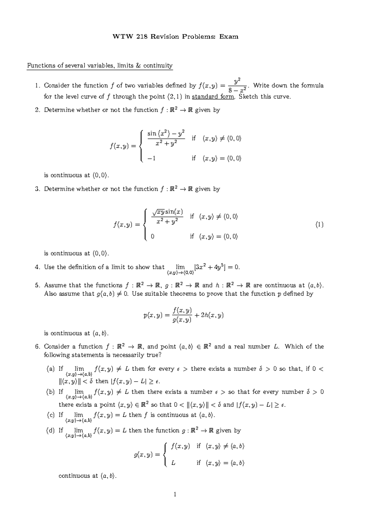 WTW 218 Exam Revision: Functions of Several Variables and Limits - Studocu
