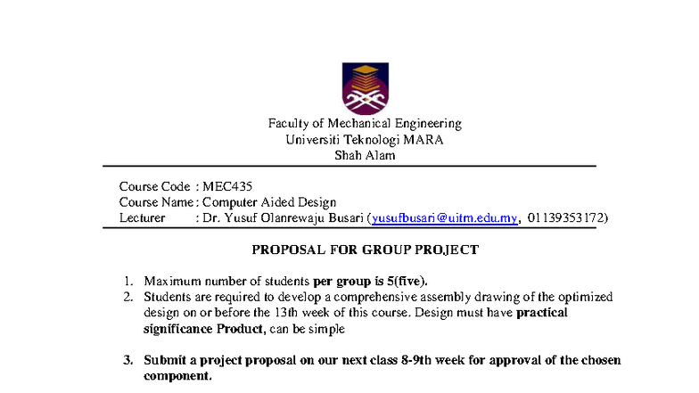 MEC435 Mini Project Proposal for CAD Course - Studocu