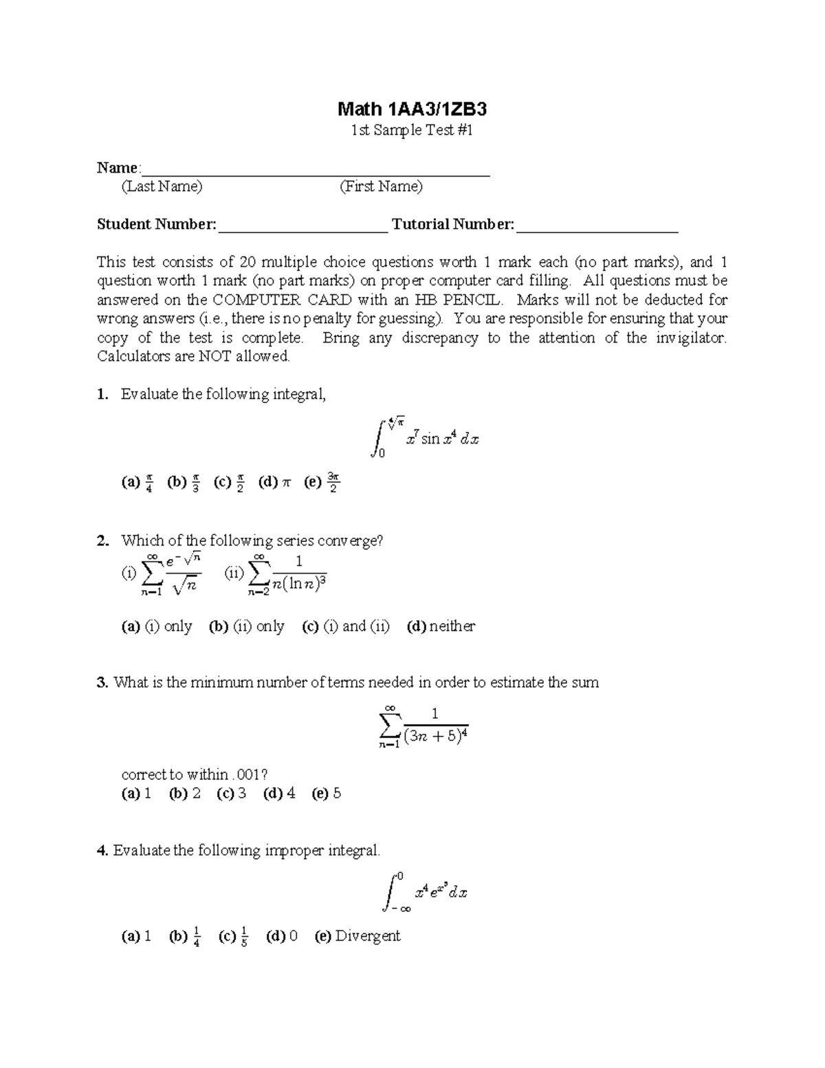 Math 1AA3/1ZB Midterm 1 Sample Test Questions and Solutions - Studocu