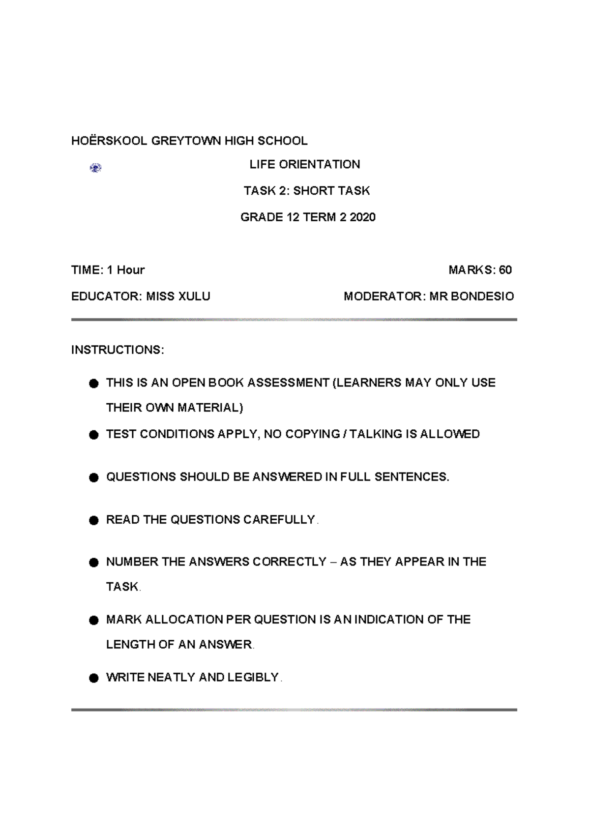 LO GRADE 12 TERM 2 TASK 2: Study Skills & Social Responsibility - Studocu