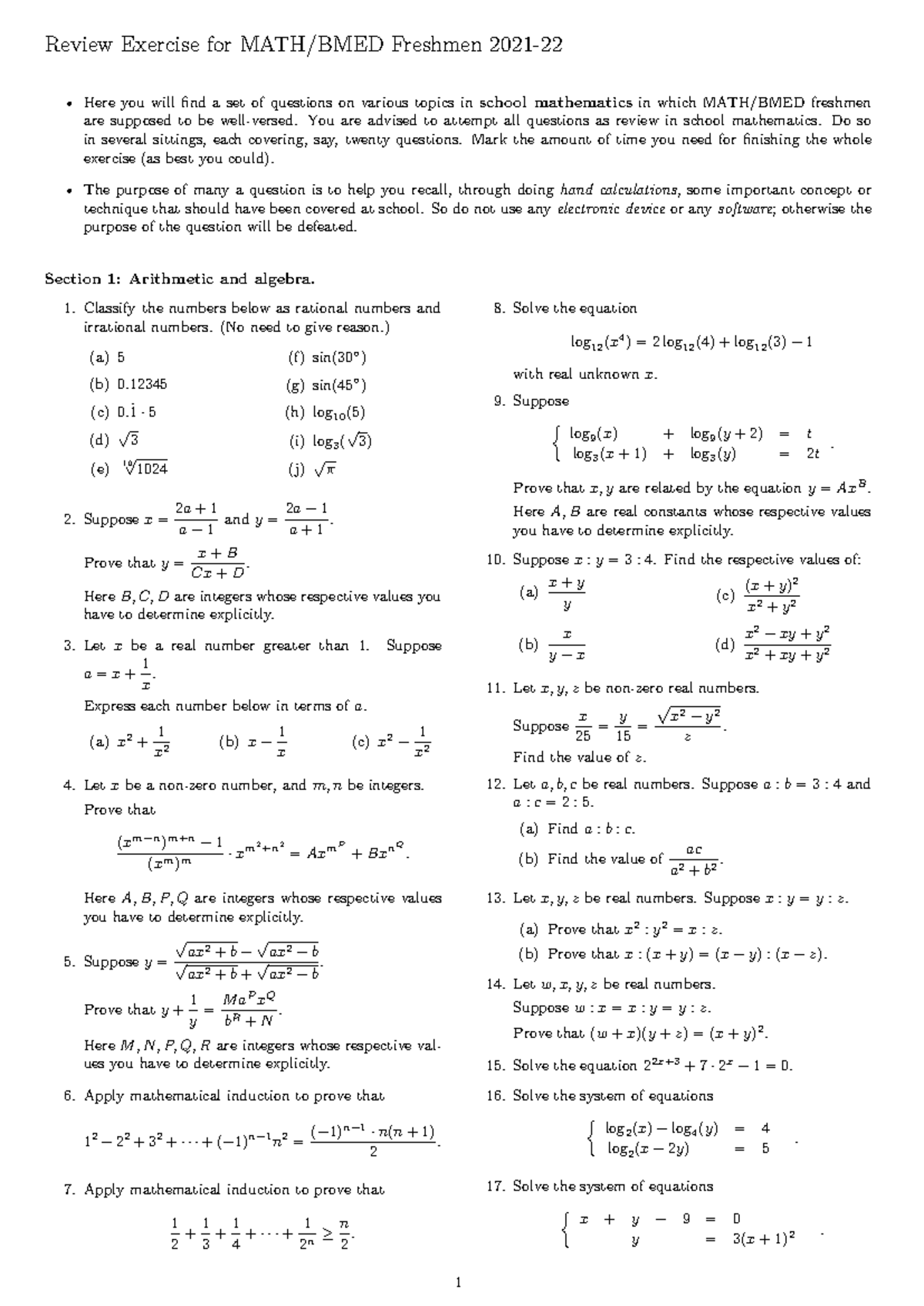 Review Exercise for Freshmen: Mathematics Question Bank - Studocu