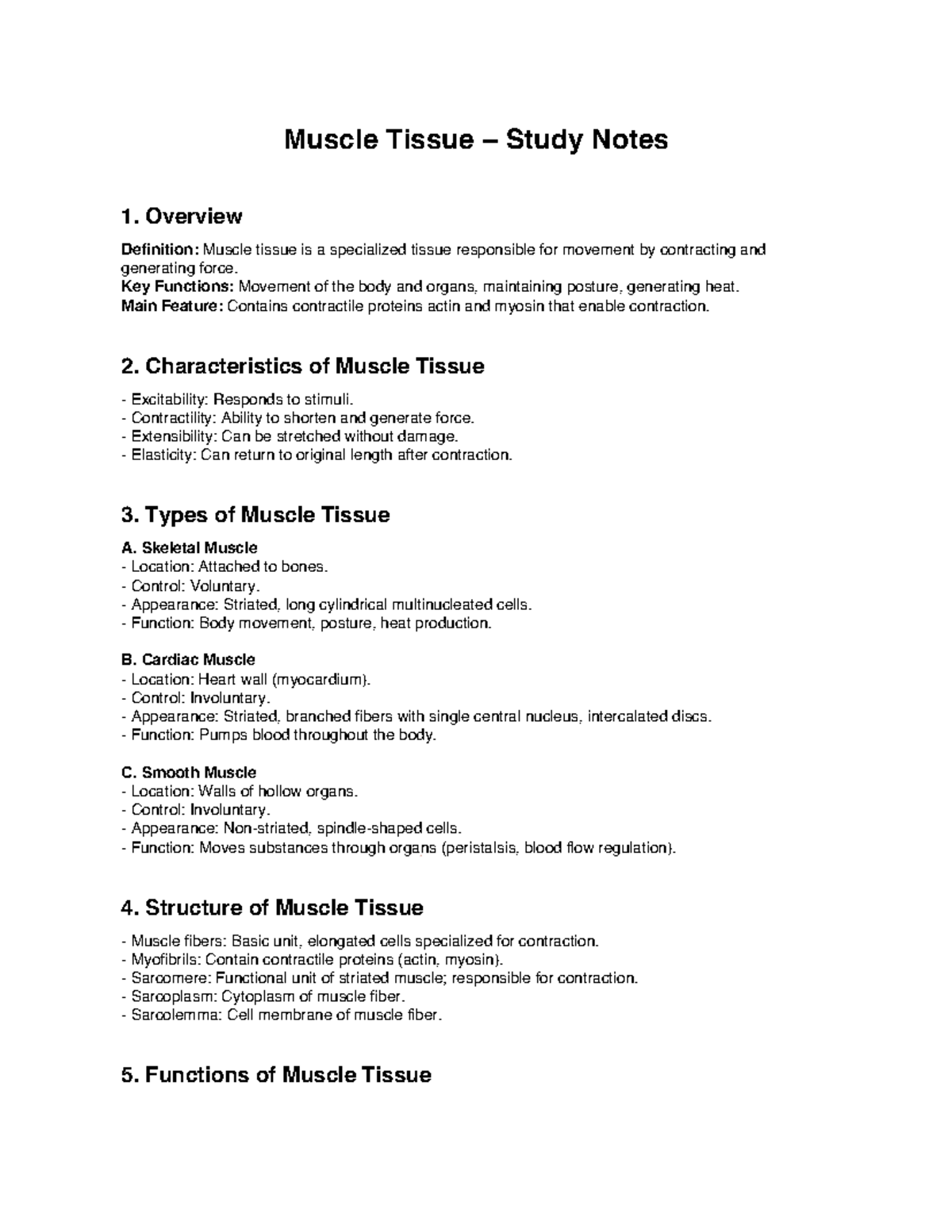 Muscle Tissue Study Notes: Overview, Types, and Functions - Studocu