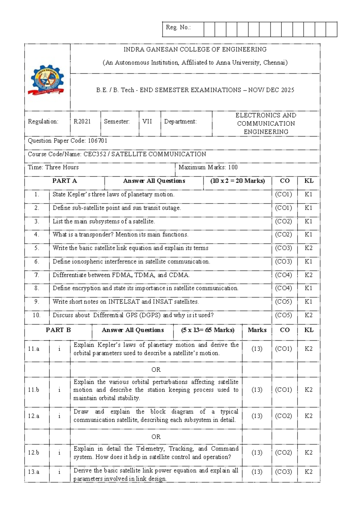 CEC352 SAT COMM SET 1 - Model Question Paper for End Sem Exam - Studocu