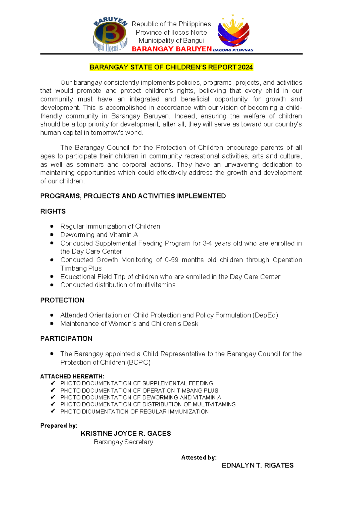 Barangay Baruyen State of Children’s Report 2024 - Studocu