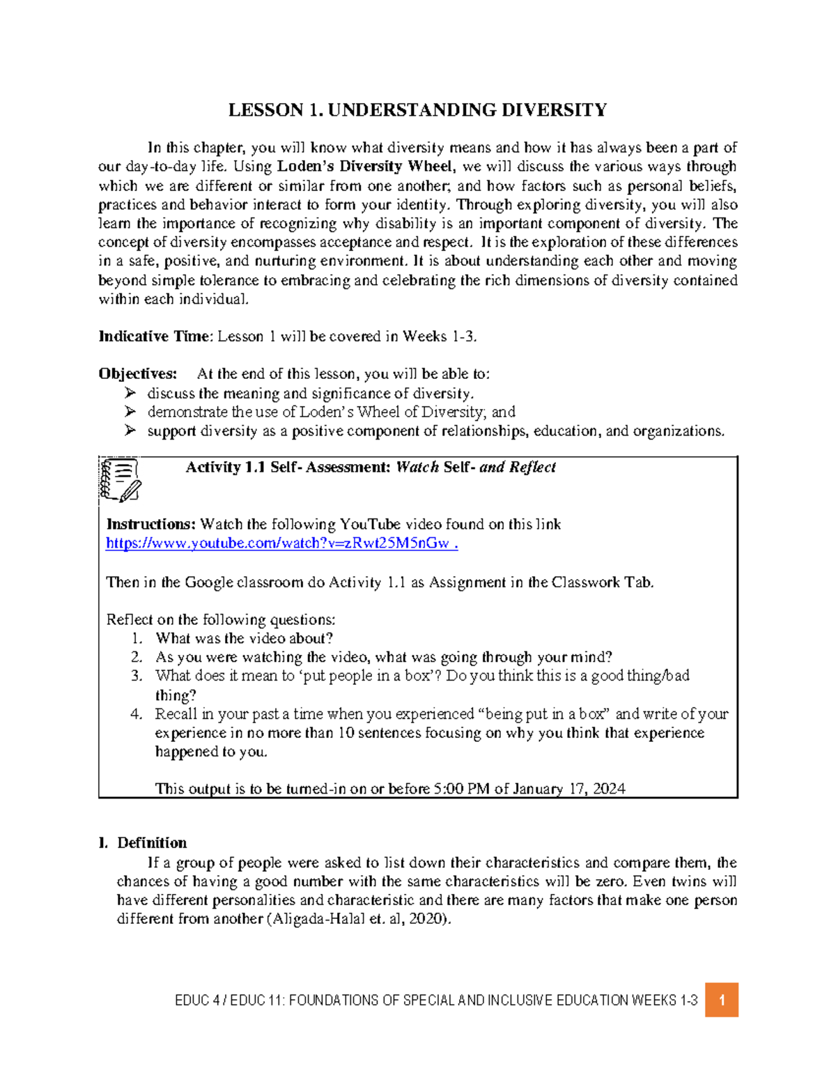 LIT-101: Lesson 1 - Exploring Diversity for Inclusive Education - Studocu