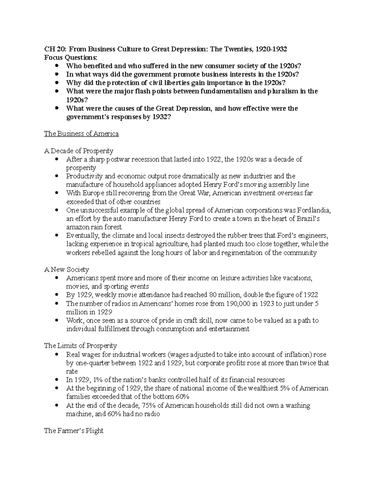 Chapter 20 Notes - CH 20: From Business Culture to Great Depression ...