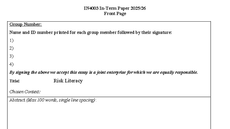 IN4003 Essay Cover Page & Grading Rubric (2025) - Studocu