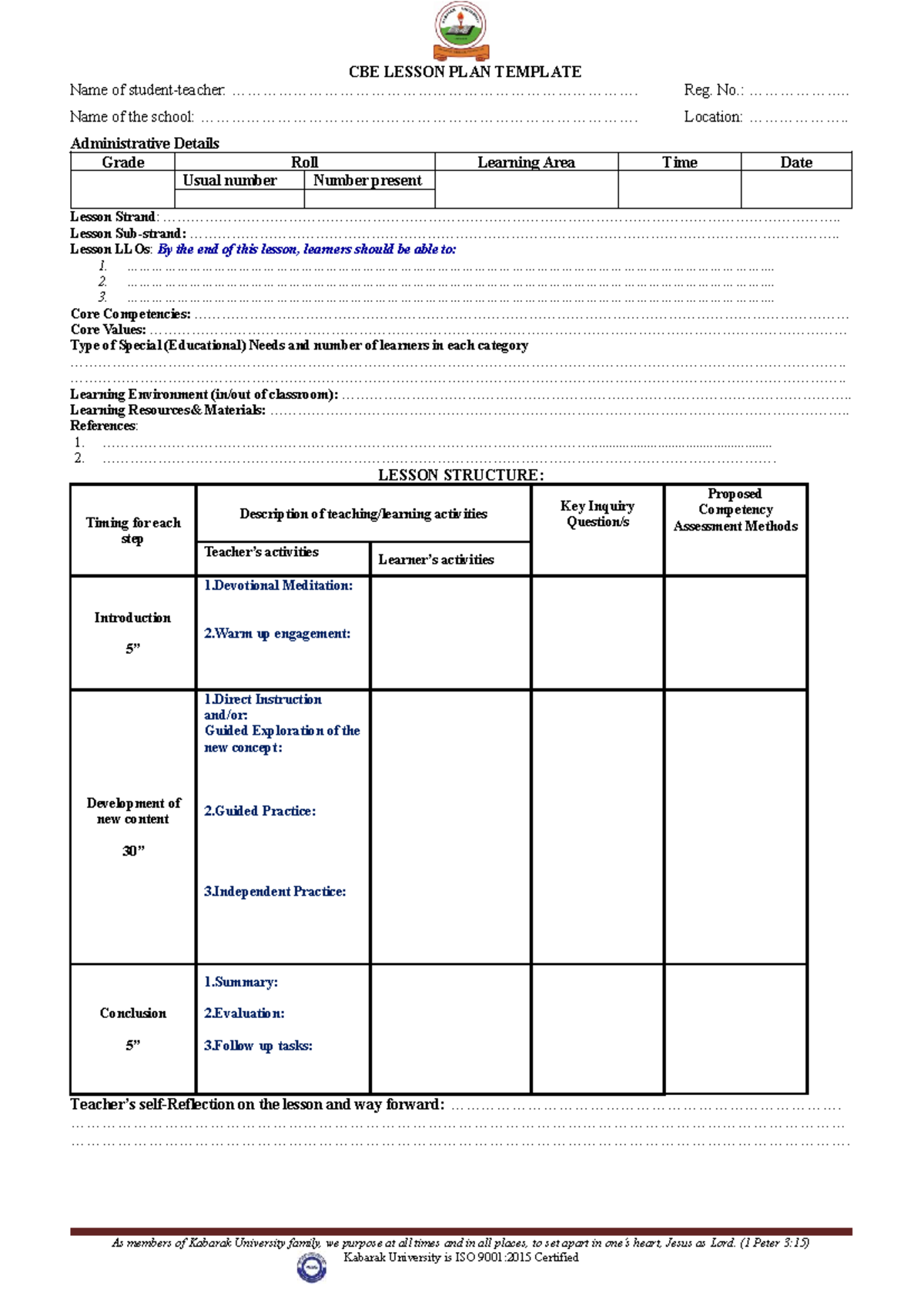 CBE LESSON PLAN TEMPLATE - Updated CBC Format - Studocu
