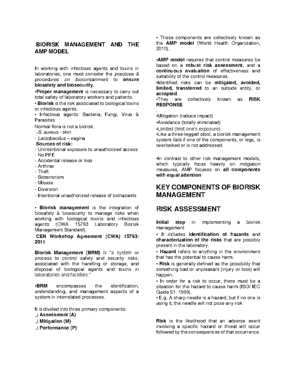 BIORISK MANAGEMENT - LECTURE NOTES 6: AMP MODEL OVERVIEW - Studocu