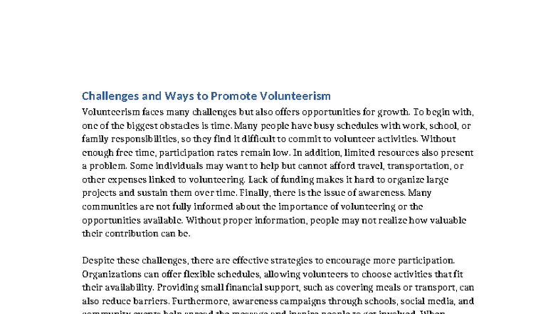 Promoting Volunteerism: Overcoming Challenges and Strategies - Studocu