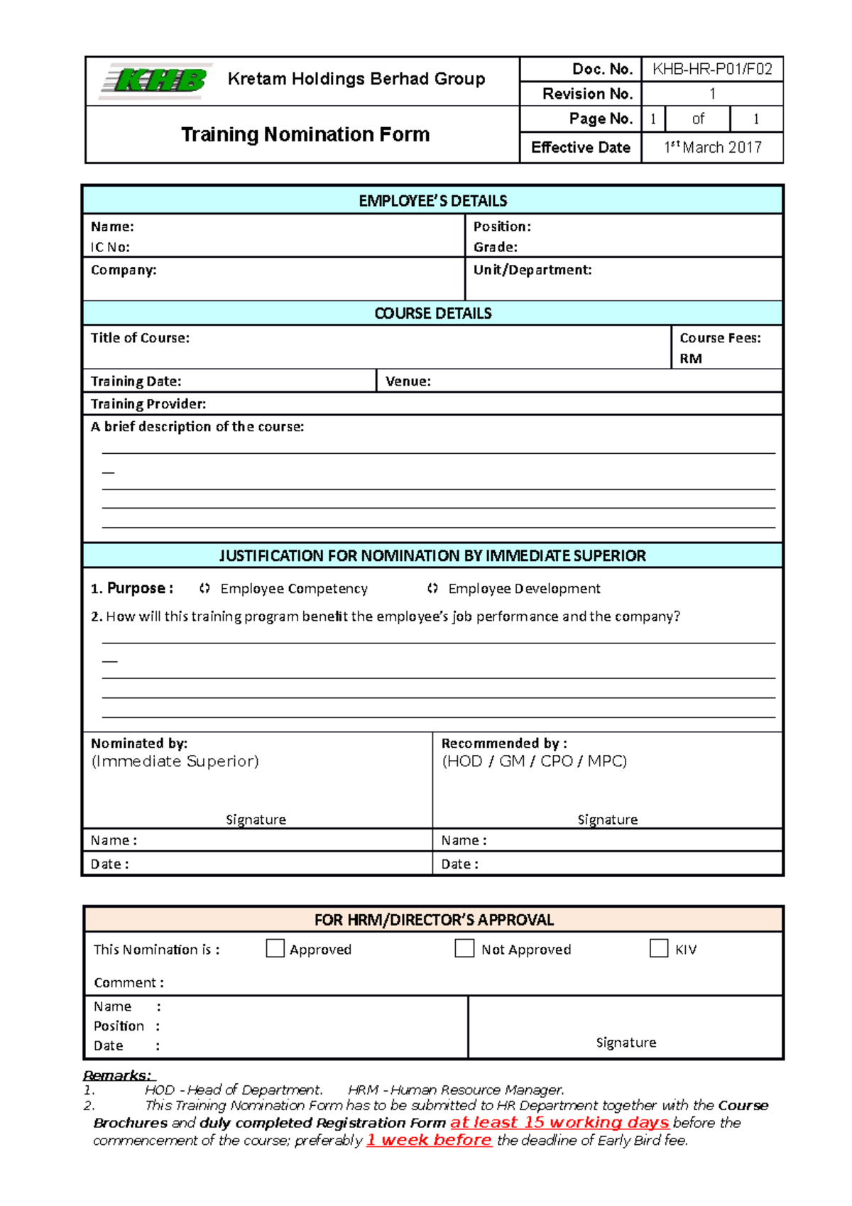 KHB-HR-P01-F02 Training Nomination Form - Rev 1 - Doc. No. KHB-HR-P01/F ...