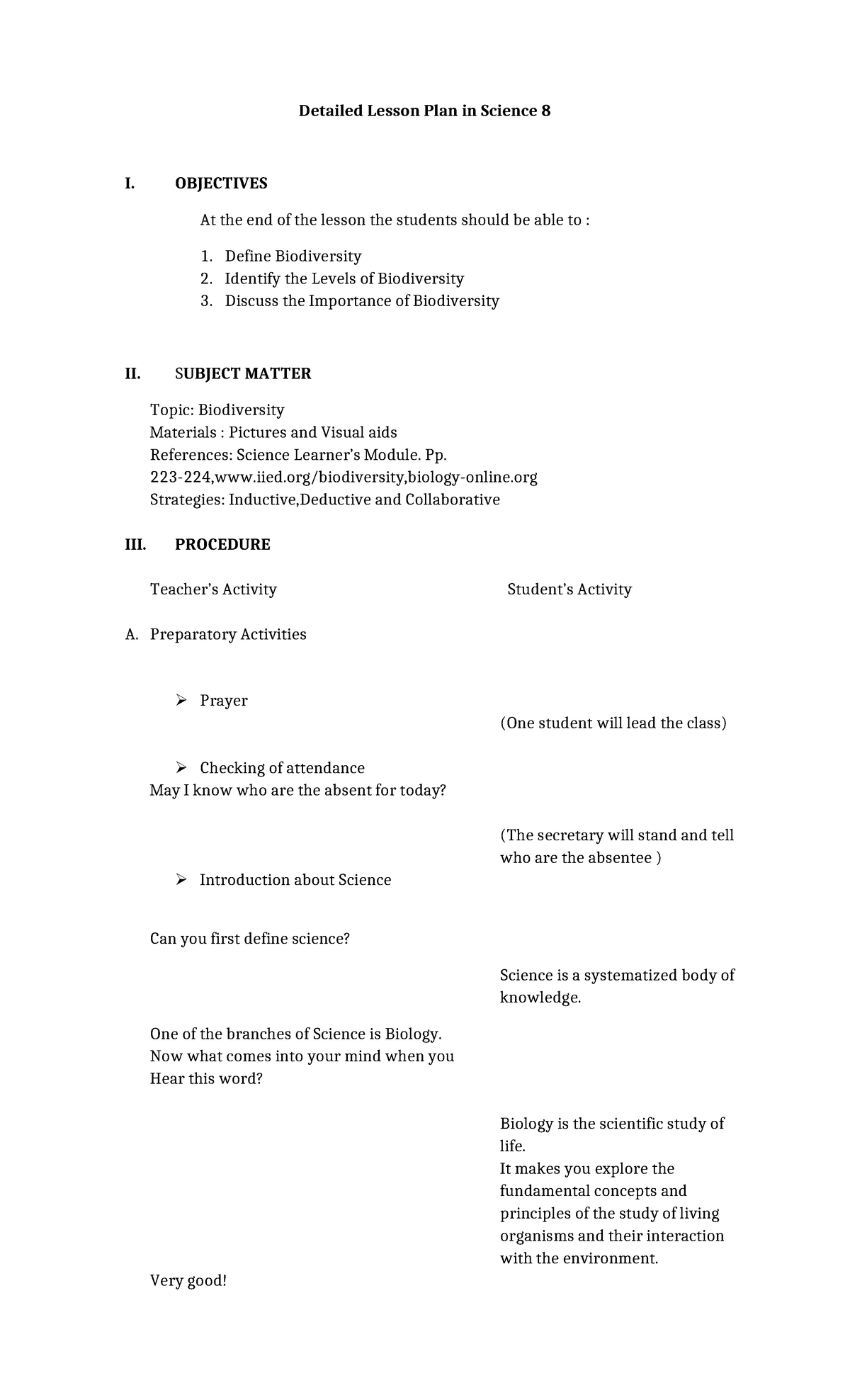 Science 8 Lesson Plan: Understanding Biodiversity Importance - Studocu