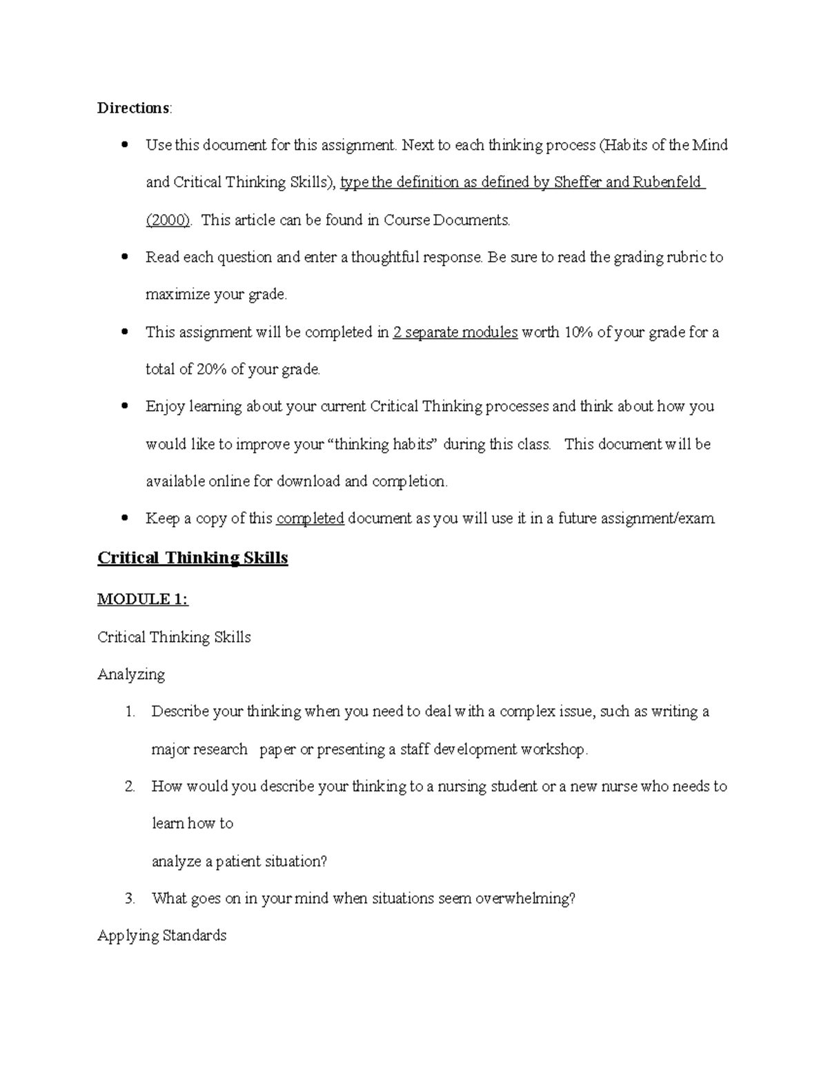 CT Inventory 1: Habits of Mind & Critical Thinking Skills Assignment ...