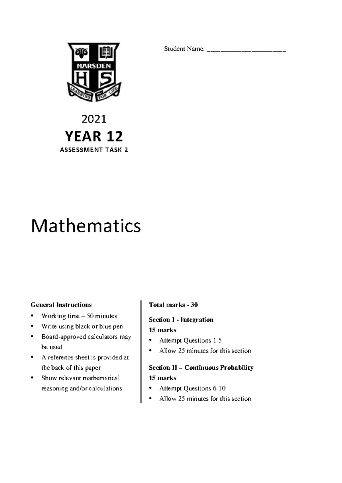 HSC Mathematics Year 12 Assessment Task 2: Integration & Probability ...