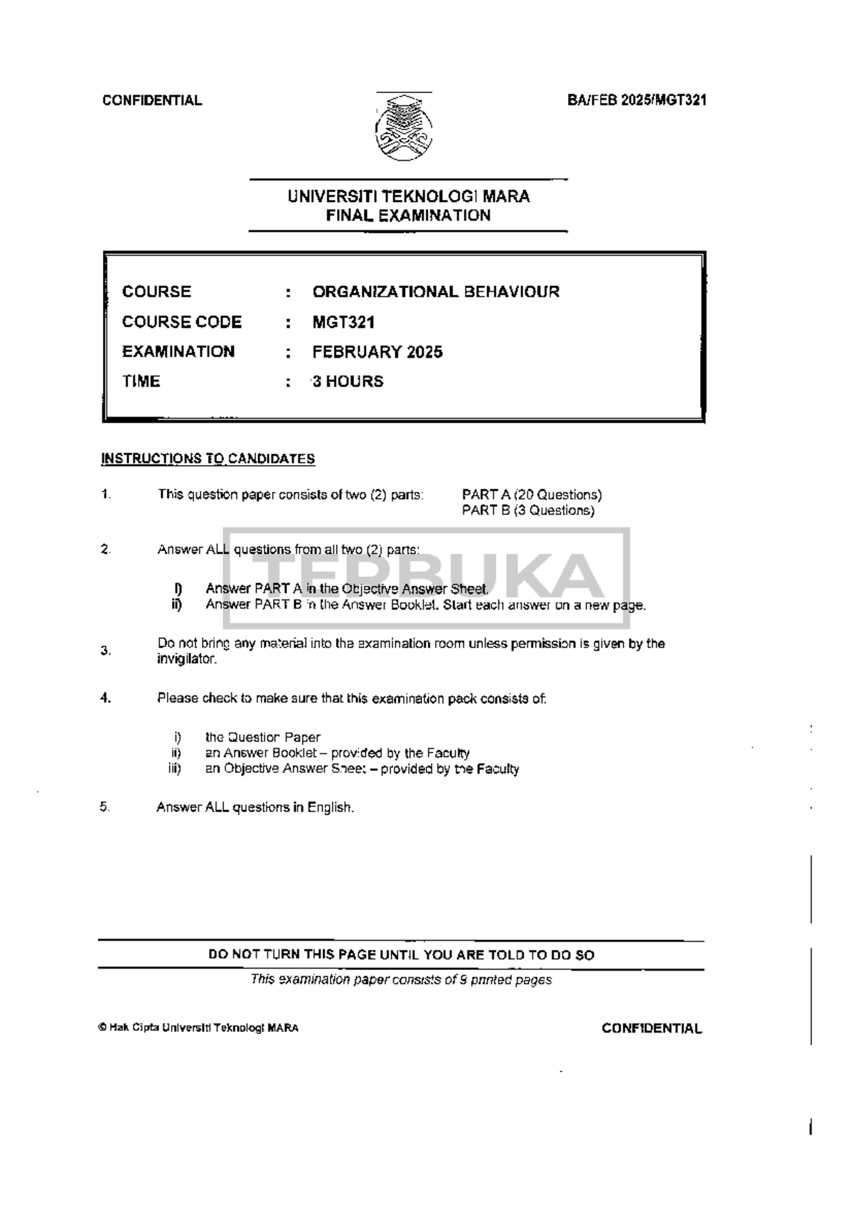 MGT321 - Final Exam Paper on Organizational Behaviour - Feb 2025 - Studocu