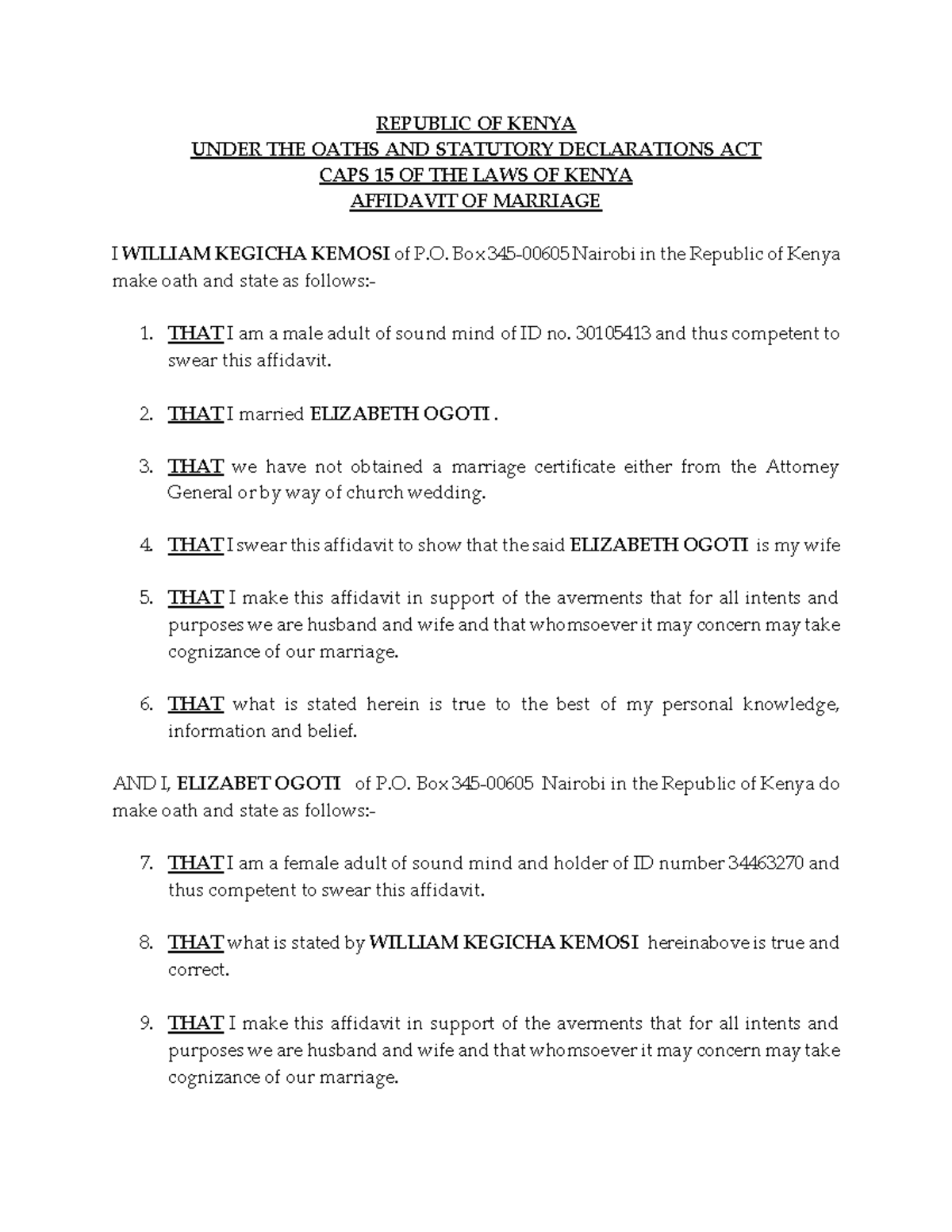 Affidavit of Marriage - Kegicha (Kenya) - Legal Document - Studocu
