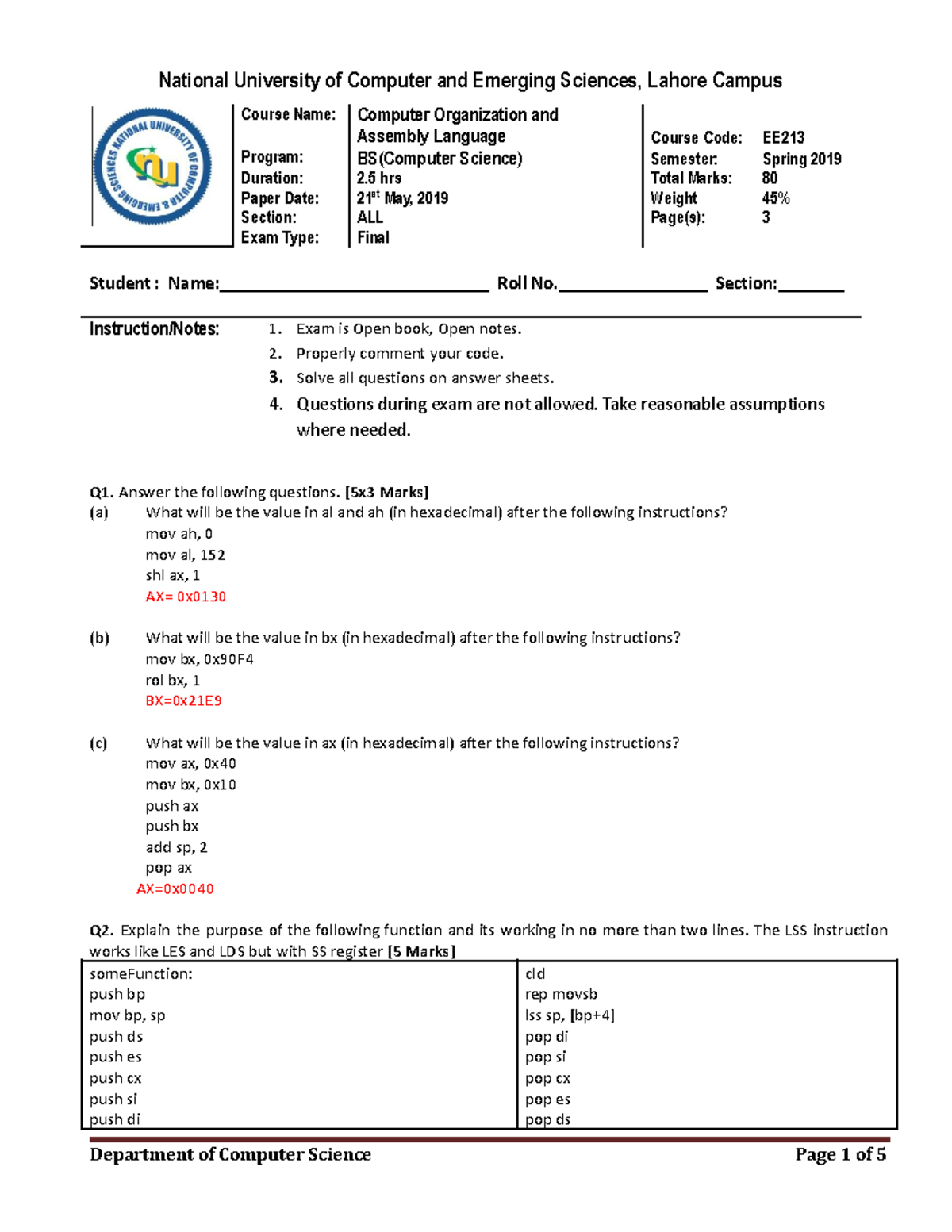 COAL EE - Final Exam Solution Practice for Computer Org and Assembly - Studocu