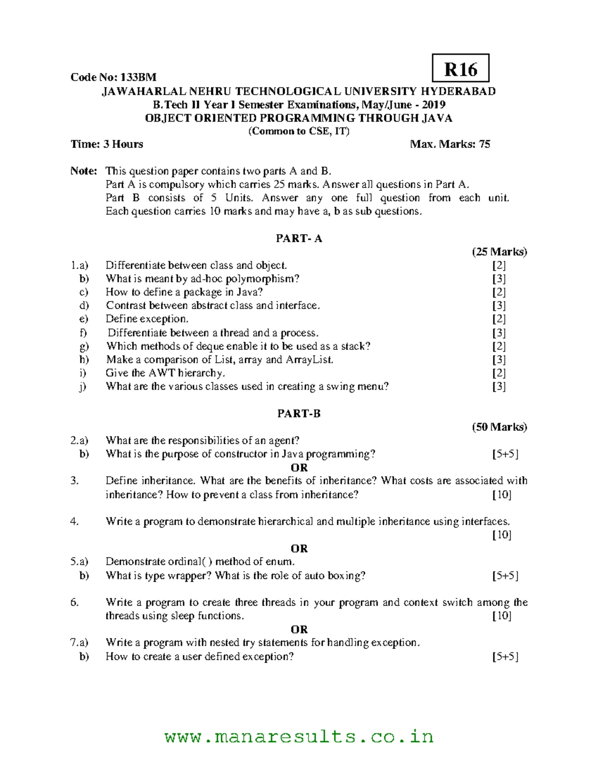 Java Java Previous Year Question Paper Code No 133bm Jawaharlal Nehru Technological