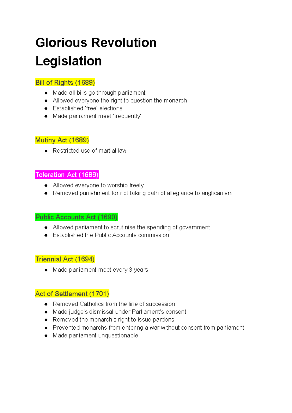 Glorious revolution revision - Glorious Revolution Legislation Bill of ...