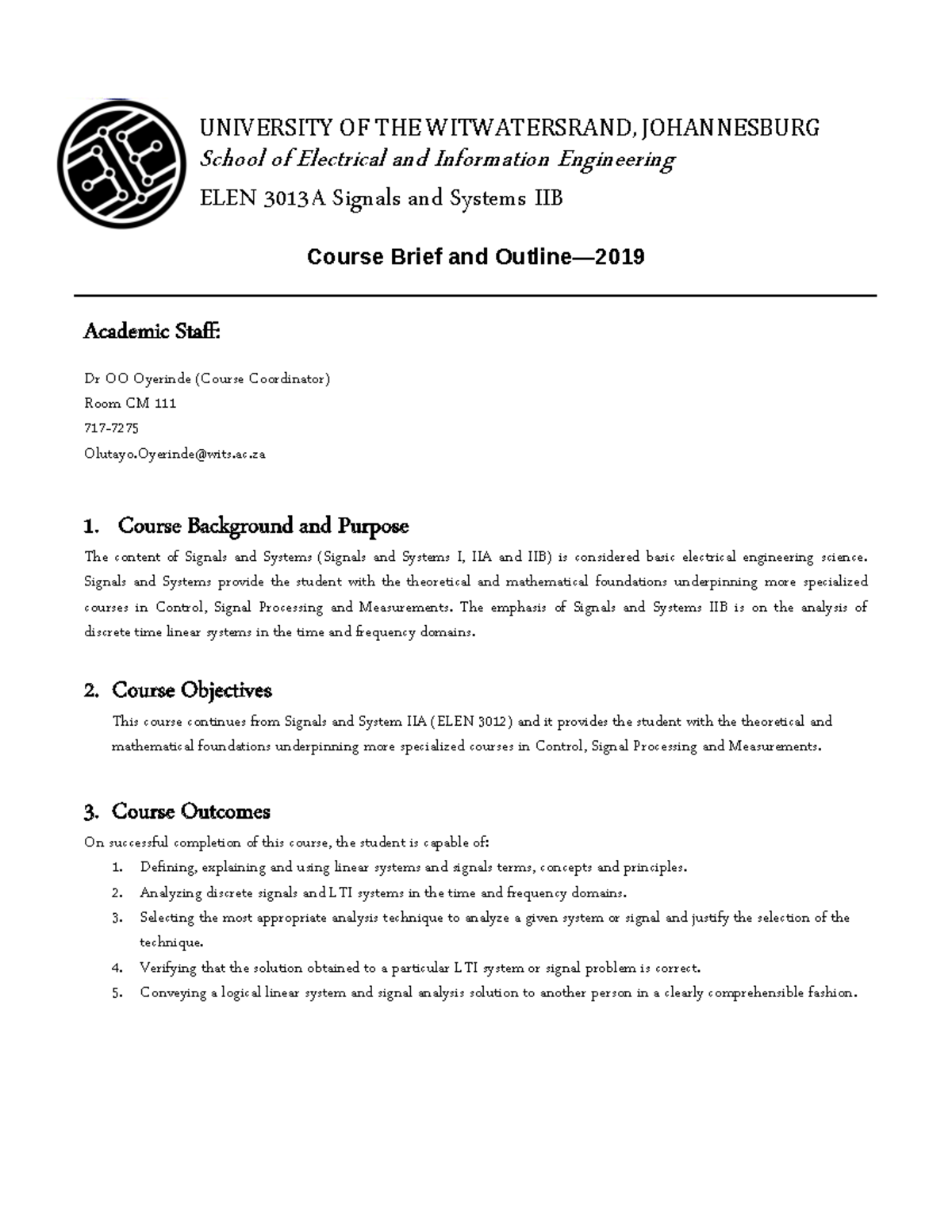 2019 Course Brief for ELEN 3013A: Signals and Systems IIB - Studocu