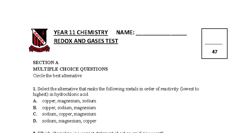 2023 Year 11 Chemistry Redox & Gases Test Questions - Studocu