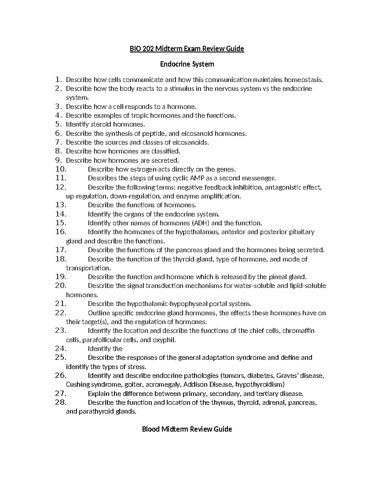 BIO 202 Midterm Exam Review Guide: Endocrine, Blood & Lymphatic Systems ...