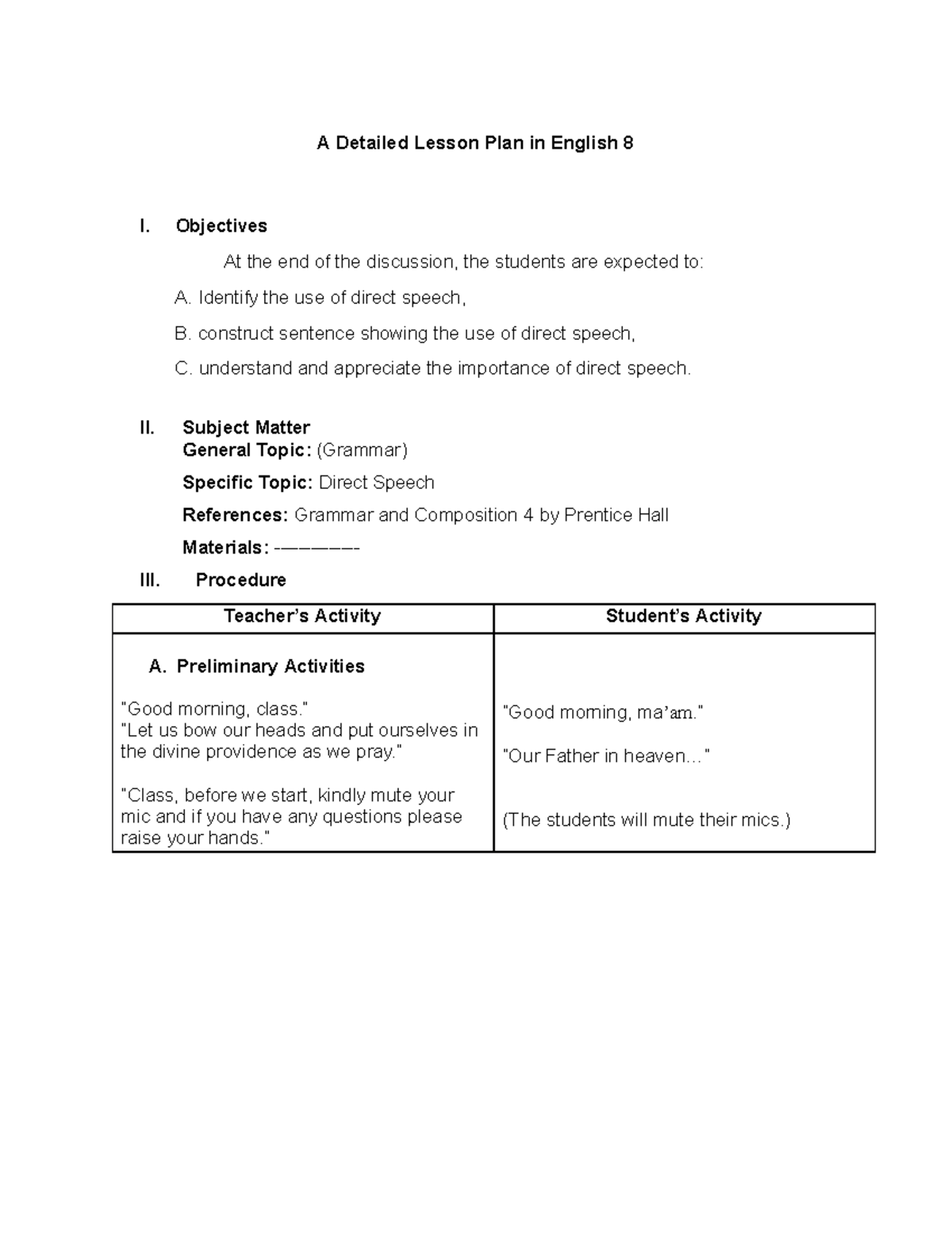 Direct Speech - LESSON PLAN IN ENGLISH - A Detailed Lesson Plan in ...