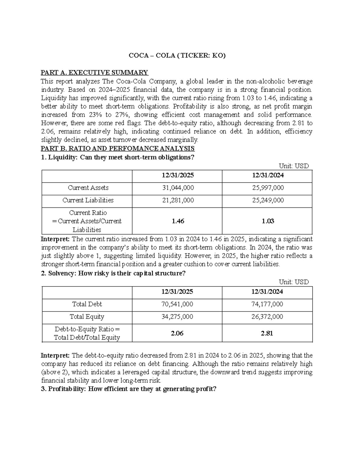 COCA COLA (KO) Financial Analysis: Executive Summary & Ratios - Studocu