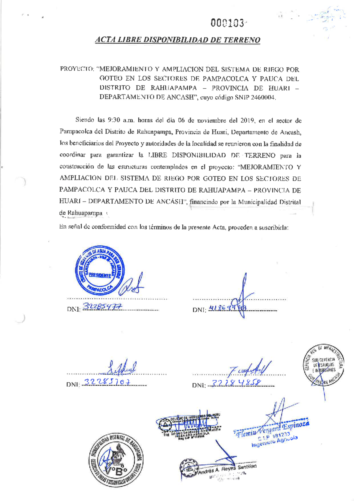 ACTA DE DISPONIBILIDAD DE TERRENO PARA RIEGO GOTEO EN PAMPACOLCA Y ...