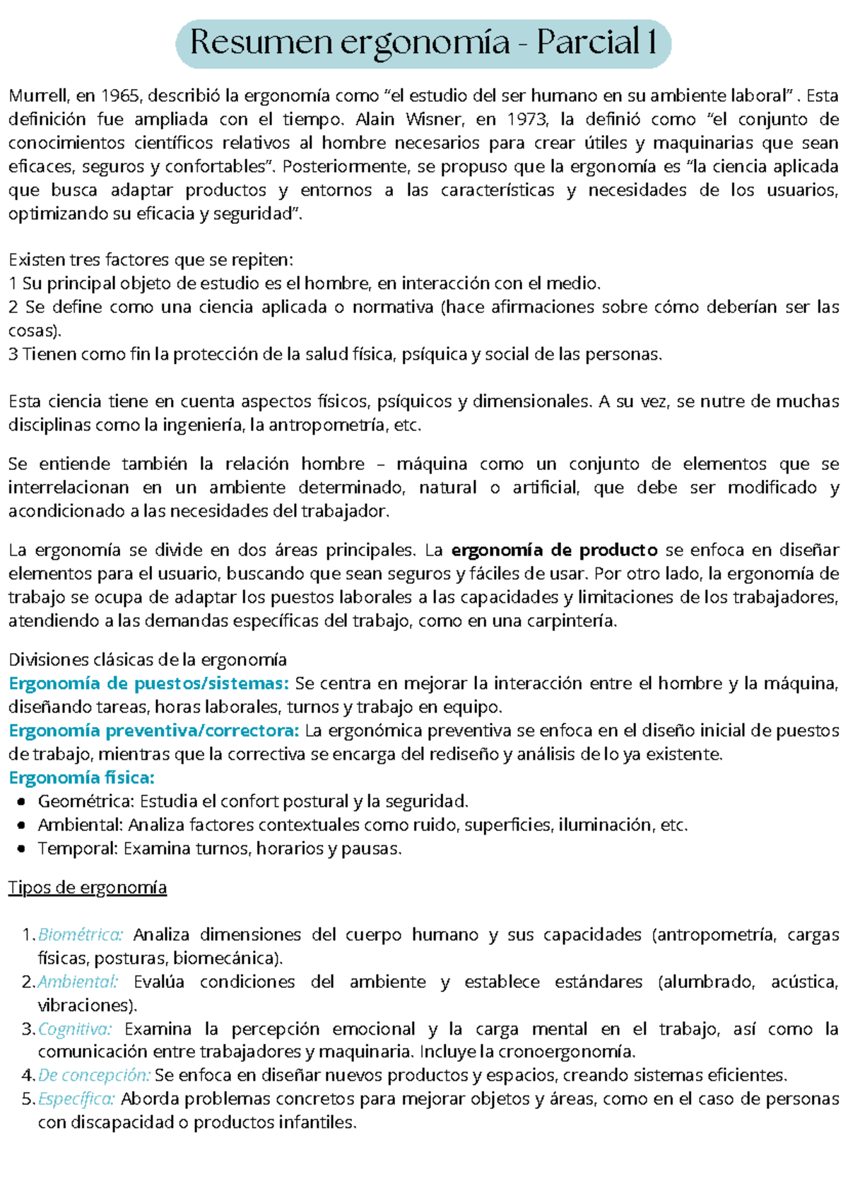 Resumen de Ergonomía - Parcial 1 (Curso ERG-101) - Studocu