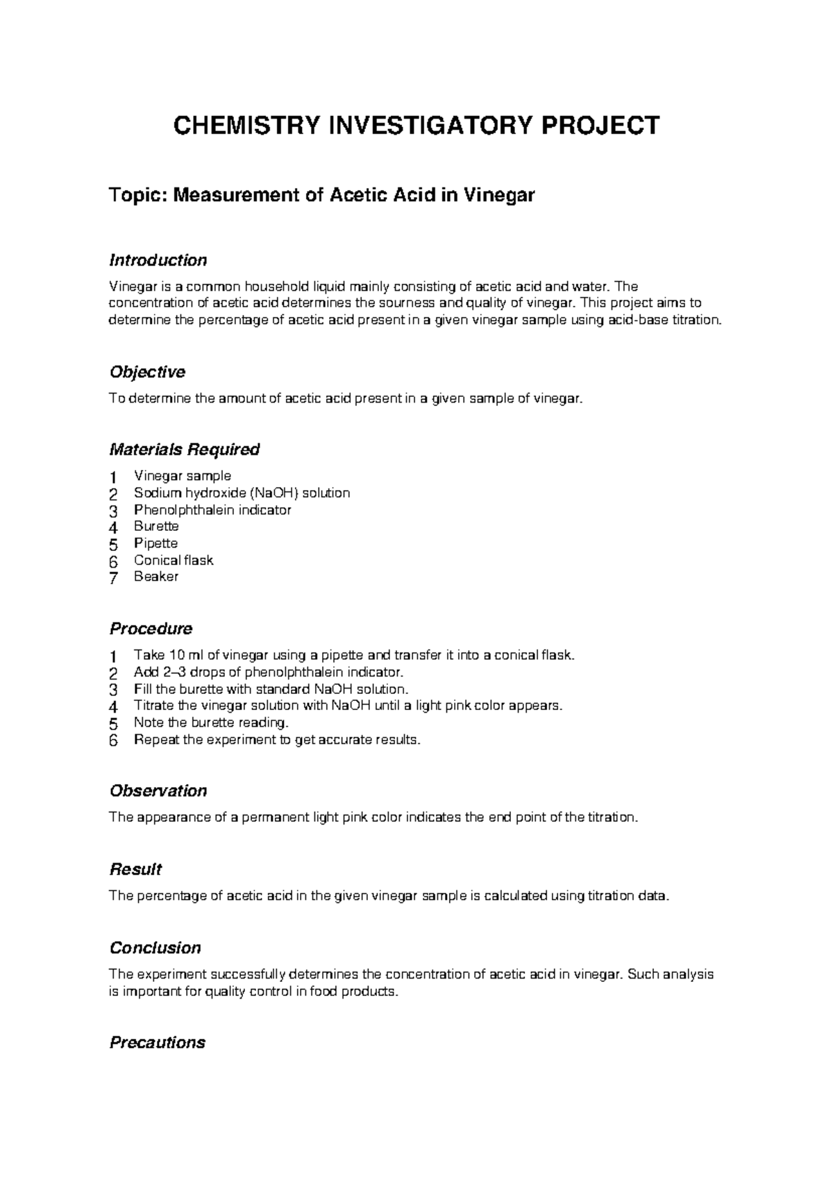 CHEM 101: Investigatory Project on Acetic Acid in Vinegar - Studocu