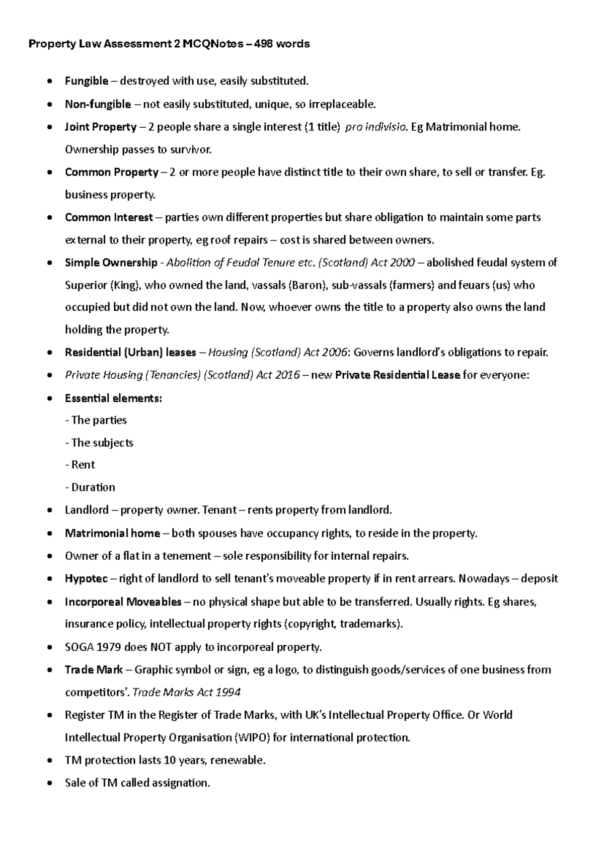 Property Law Assessment 2 MCQ Notes - Studocu