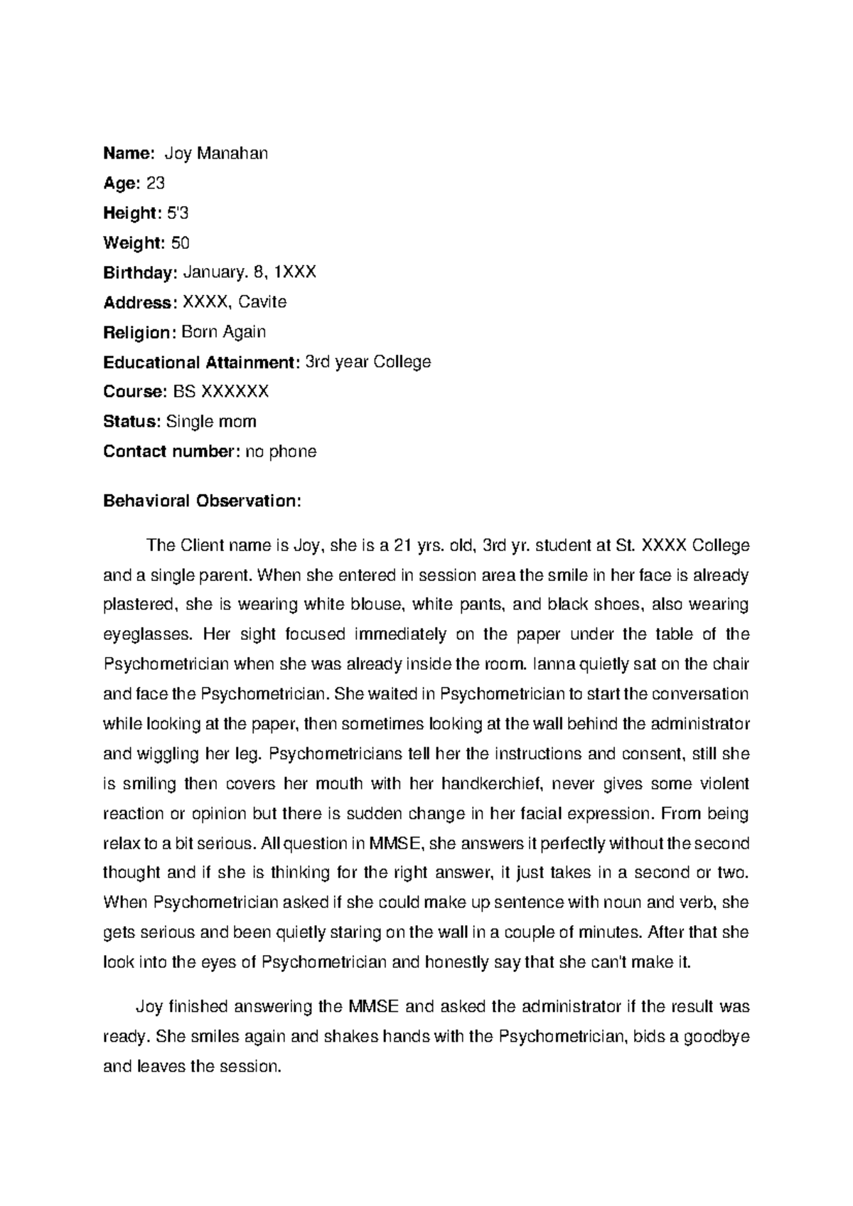 Narrative Report with Behavioral Observation - BS Psychology - Studocu