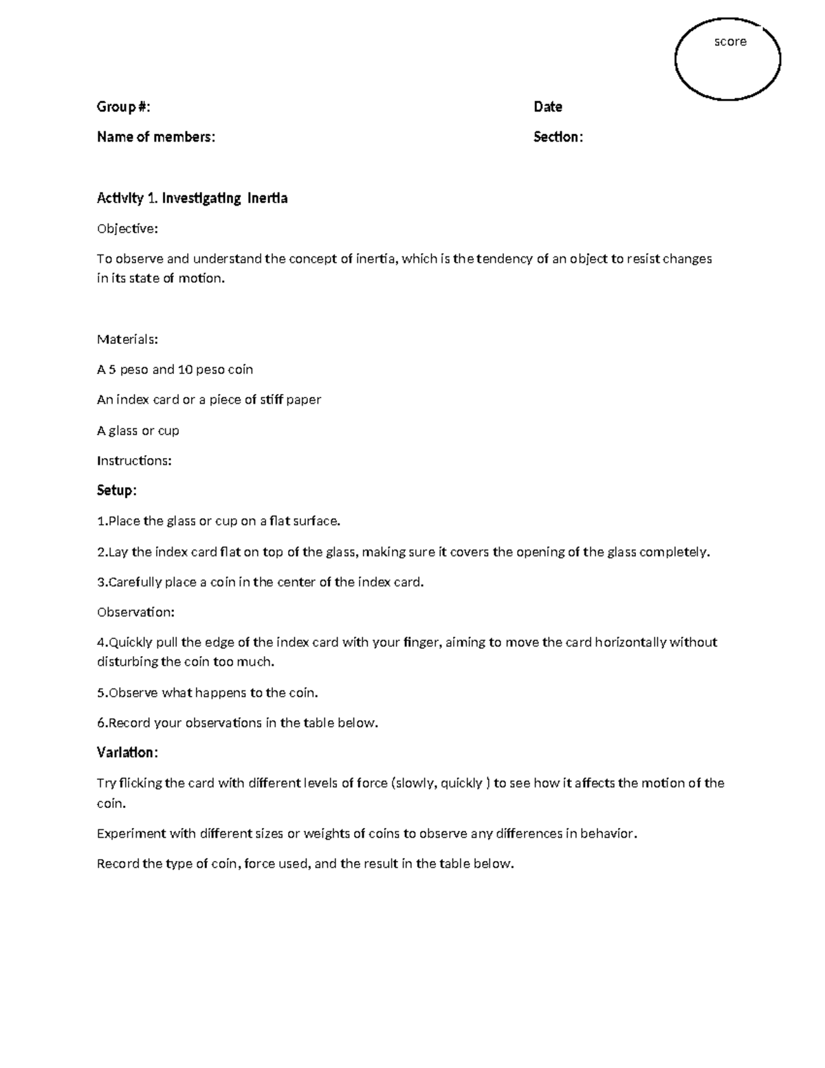 Coin Flick Inertia Experiment Activity Sheet (Jul 17) - Studocu