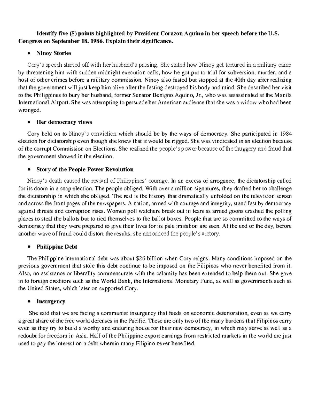 RPH Module 7 Assignment 1: Key Points from Cory Aquino's Speech - Studocu