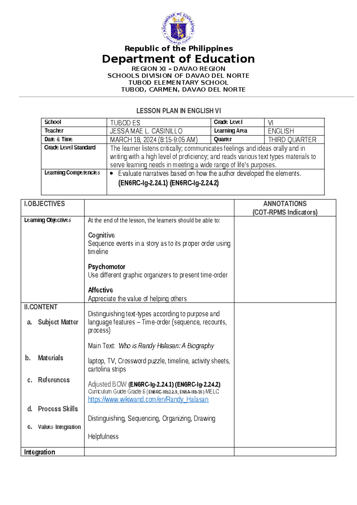 COT 3 English VI Lesson Plan for Third Quarter - Randy Halasan ...