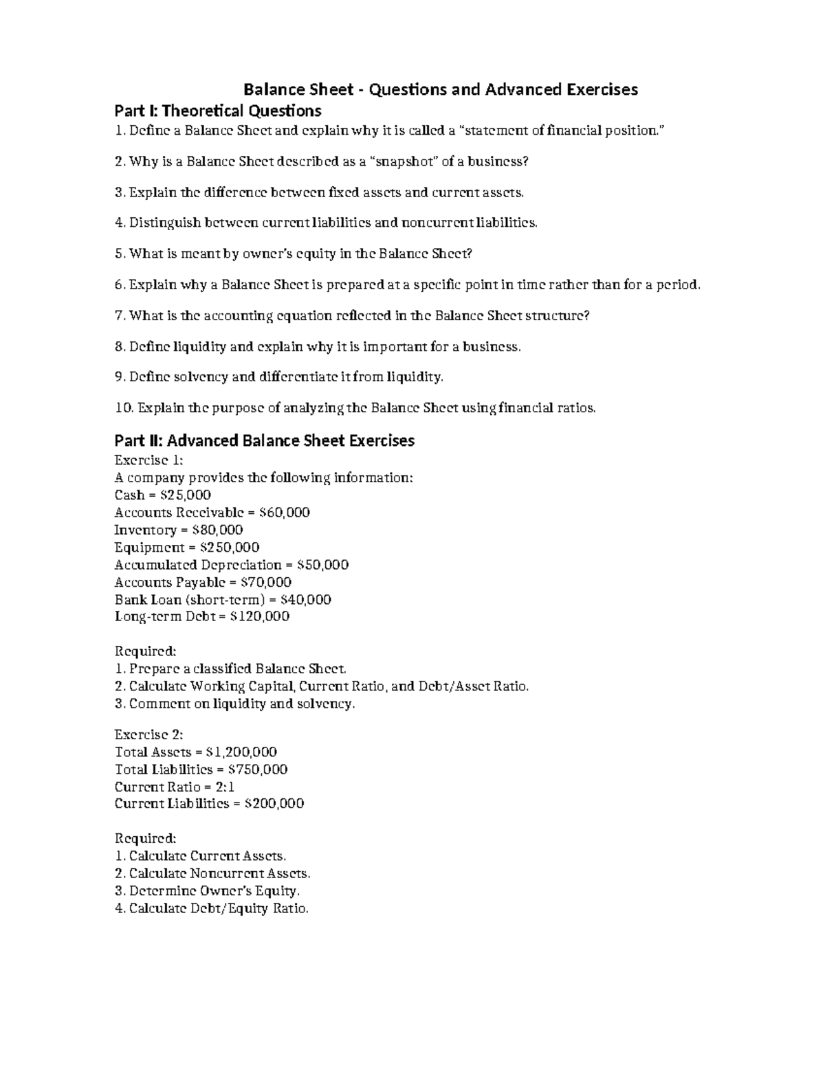 Balance Sheet Questions & Advanced Exercises Part I: Theory & Practice ...
