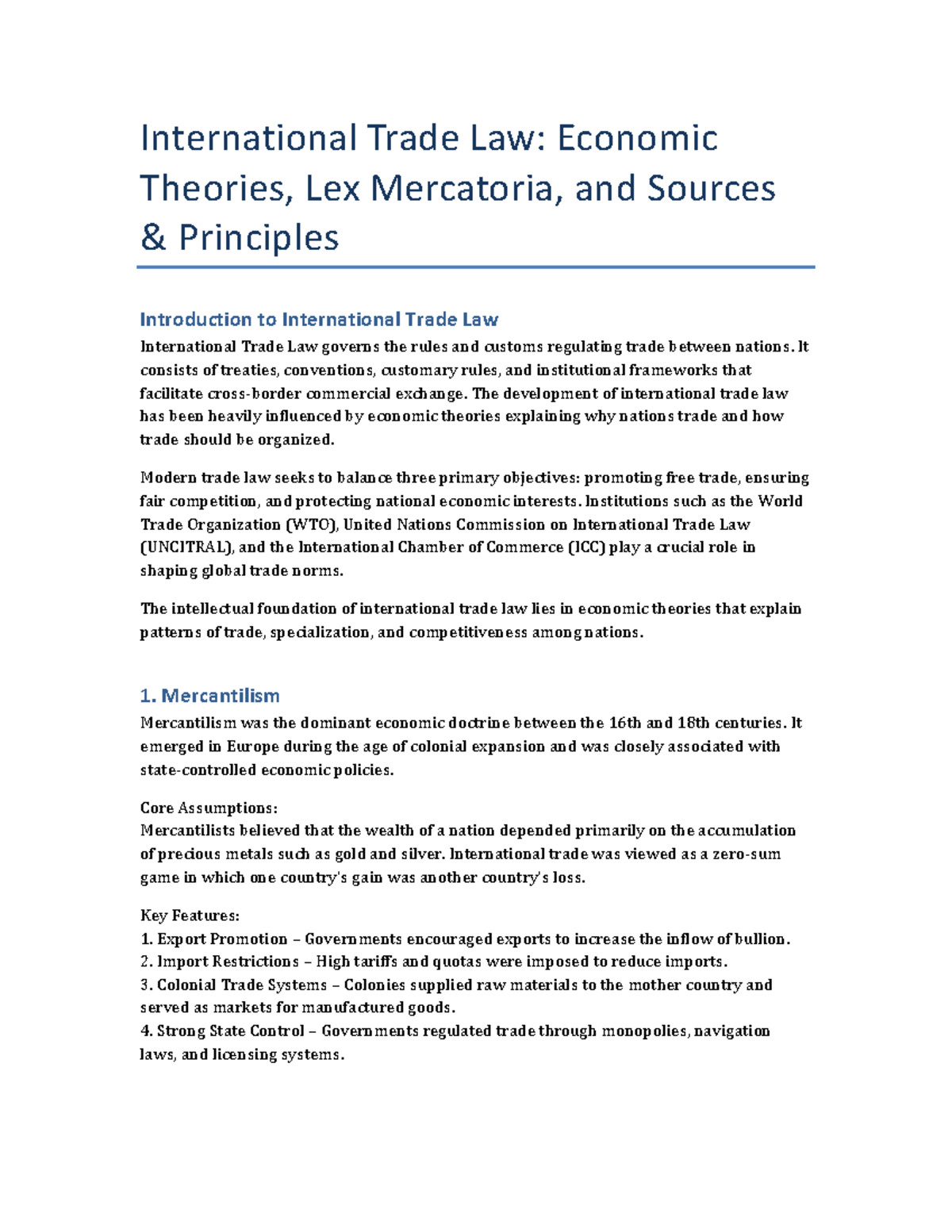 International Trade Law (INTL 101): Detailed Notes on Economic Theories ...