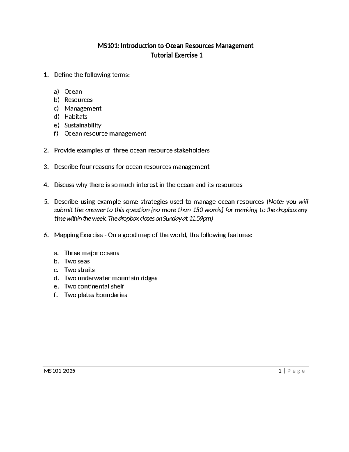 MS101 Tutorial 1: Intro to Ocean Resources Management Exercise - Studocu