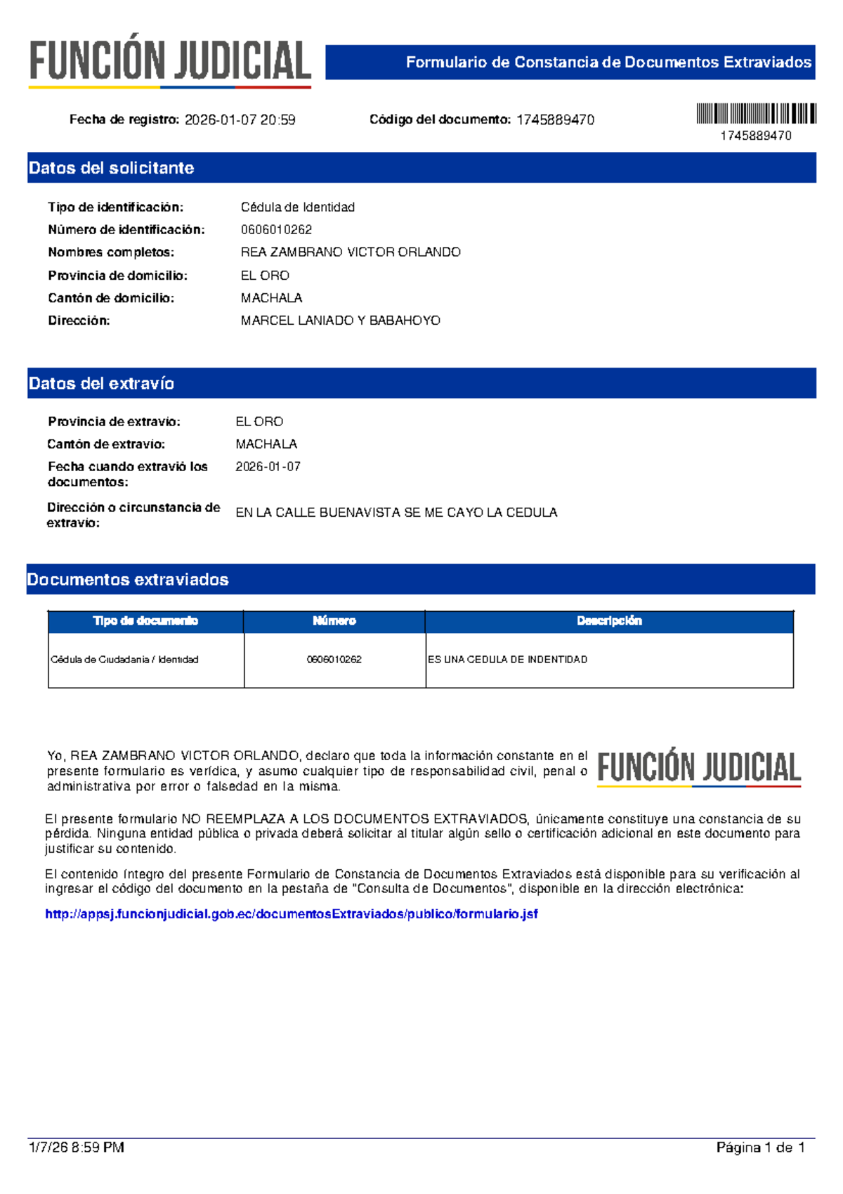 Formulario de Constancia de Documentos Extraviados - Código 1745889470 ...