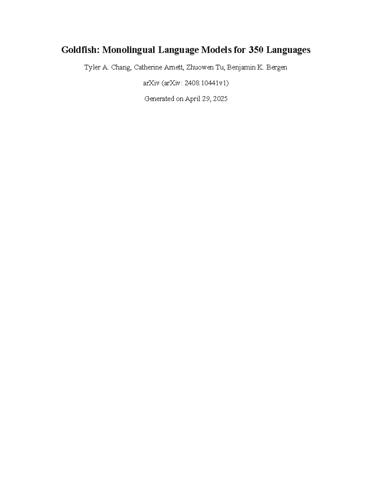 Goldfish Monolingual Language Models for 350 Lang - Chang, Catherine ...