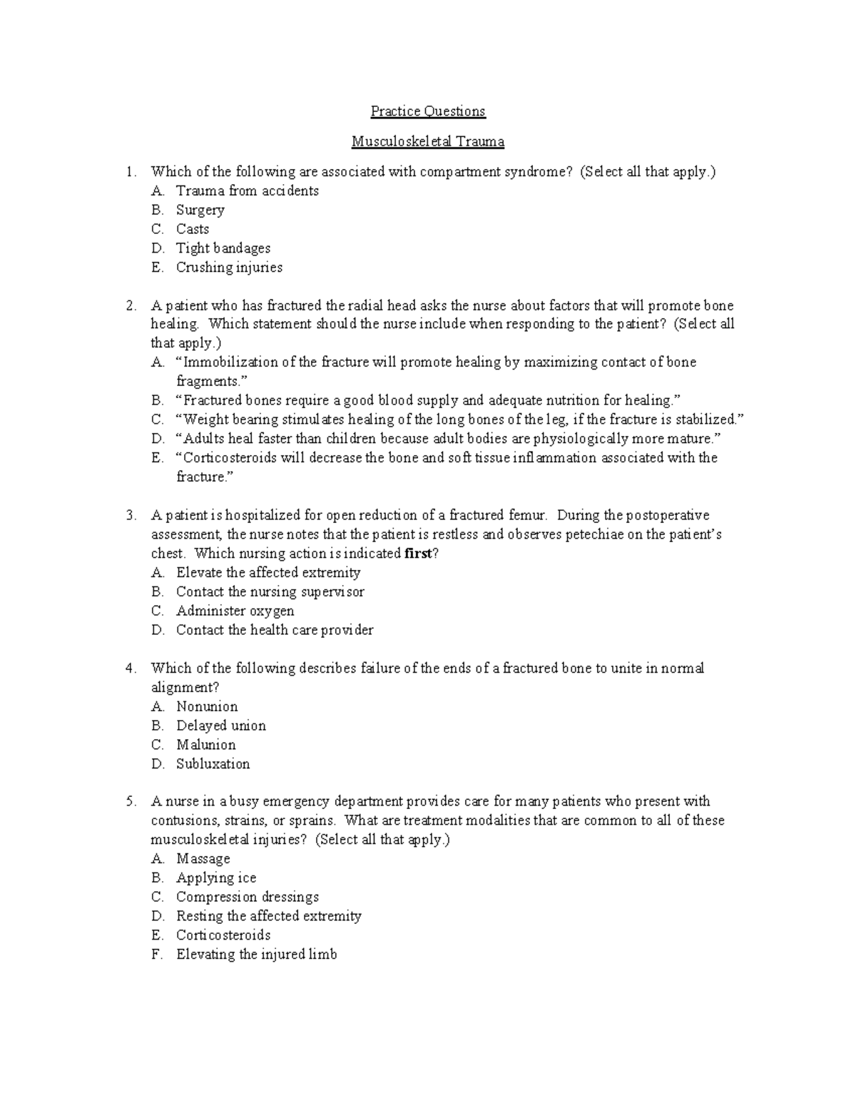 Musculoskeletal Trauma & Critical Care Quiz Questions (NURS 101) - Studocu