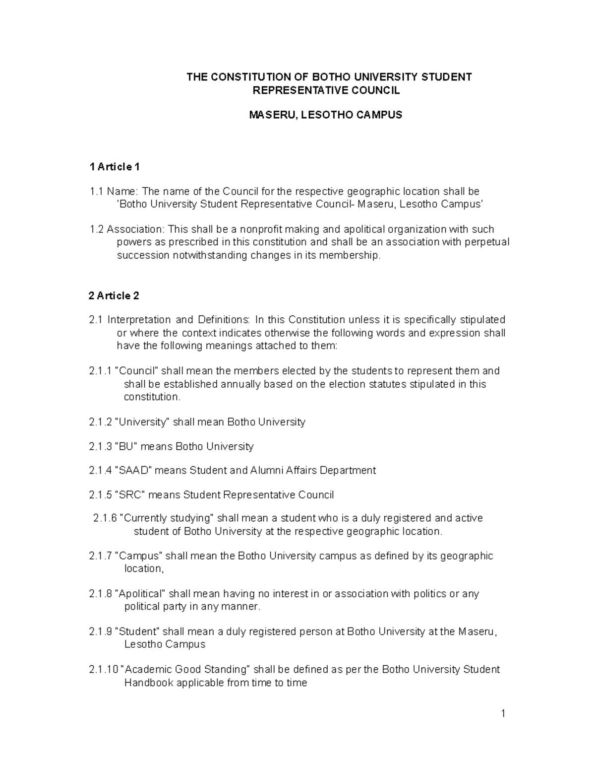 Botho University SRC Constitution - Maseru Campus Overview - Studocu