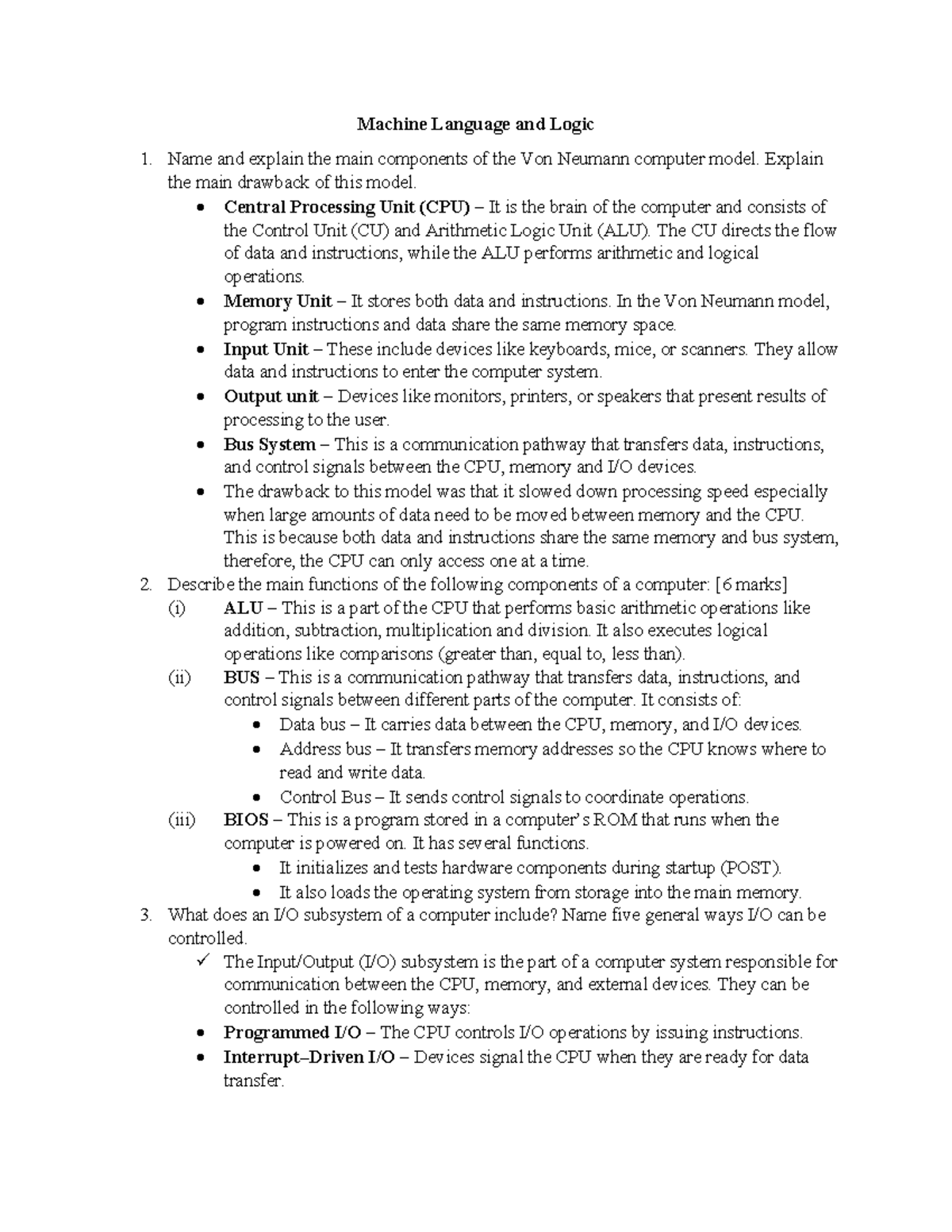 Machine Language and Logic Q&A: Von Neumann Model & CPU Functions - Studocu