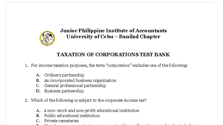TAXATION OF CORPORATIONS TEST BANK - UC JPIA - Studocu