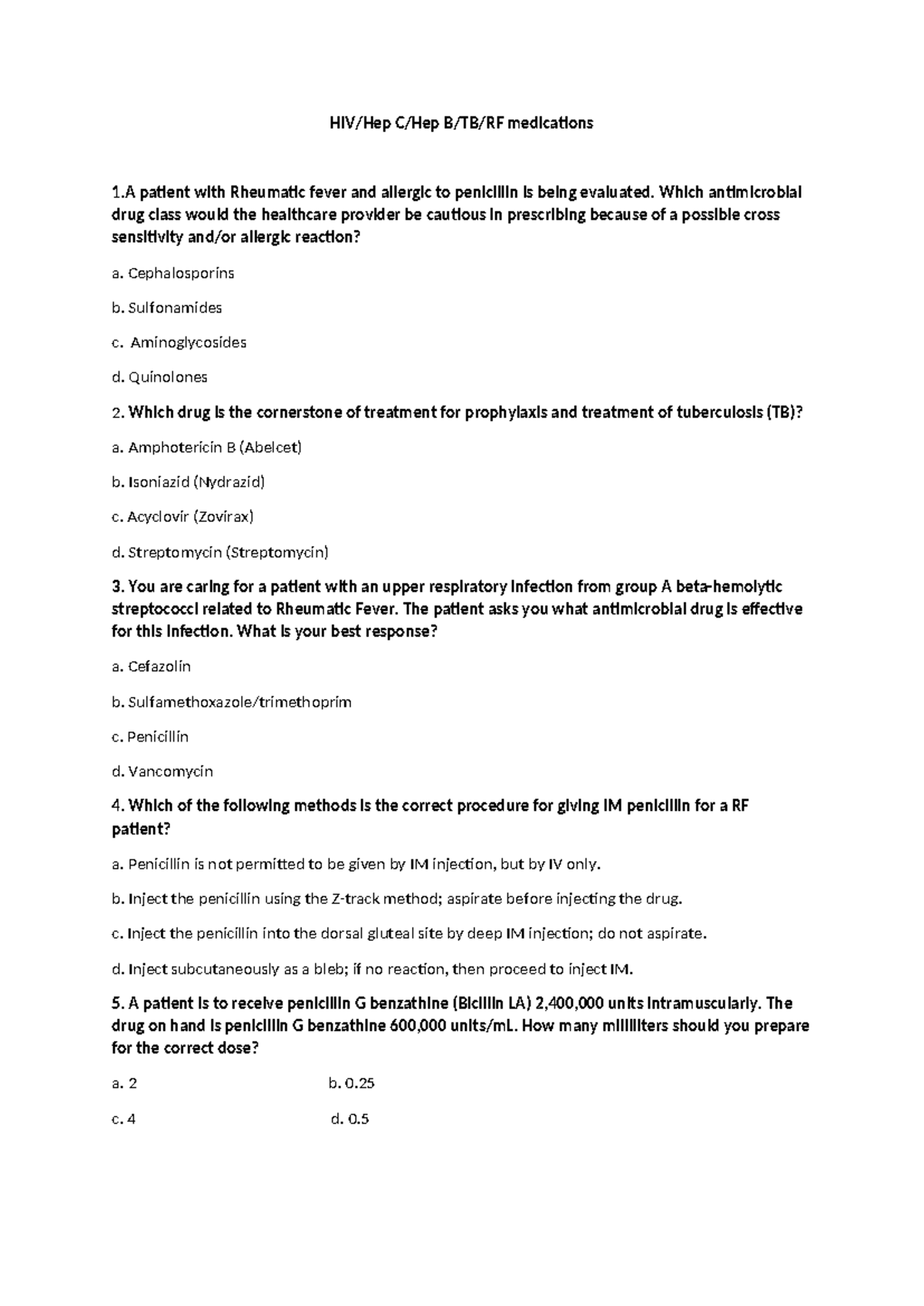 HIV, TB, and Hep C - MCQs for Self-Practice (Medications) - Studocu