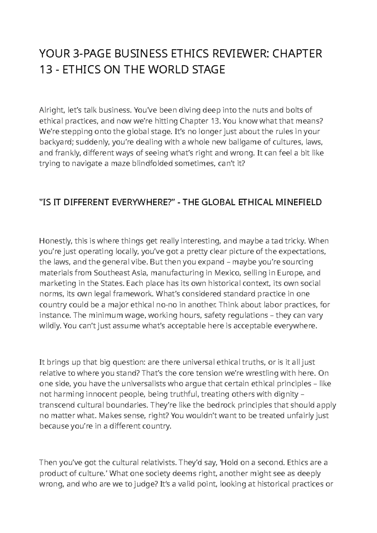 Business Ethics (BUS 101): Chapter 13 Global Ethical Practices Review ...